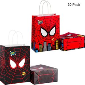 30Pcs Hero Party Treat Bags with Handles,Large Thick Kraft Double Sided Spider Web Printed Durable Gift Goodie Treat Candy Bags for Kids Boys Hero Theme Spider Birthday Party Supplies and Decorations