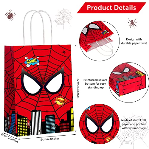 30Pcs Hero Party Treat Bags with Handles,Large Thick Kraft Double Sided Spider Web Printed Durable Gift Goodie Treat Candy Bags for Kids Boys Hero Theme Spider Birthday Party Supplies and Decorations