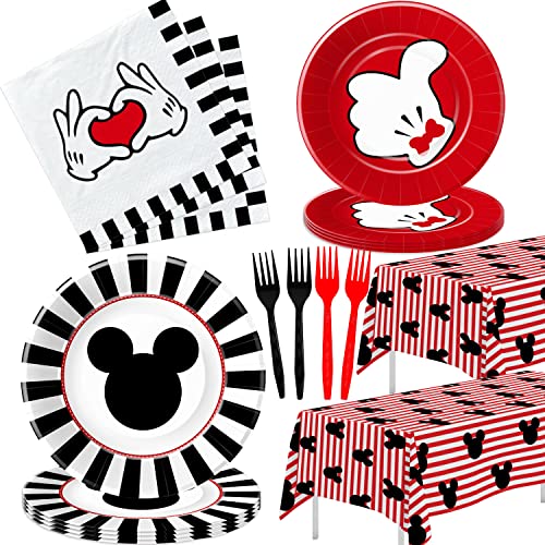 HIPVVILD Mickey Birthday Party Supplies For Boy, Mickey Theme Mouse Birthday Baby Shower Party Decorations Tableware, Plate, Napkin, Tablecloth, Fork, Mickey Theme Party Supplies Dinnerware | Serve 24