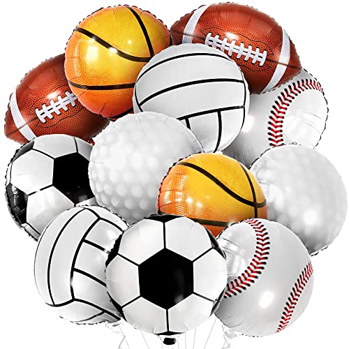 Big 12 Pieces, Mylar Sports Balloons - 18 Inch | Sports Themed Birthday Party Supplies | Soccer Baseball Golf Football Basketball Balloons | Sports Balloon Arch for Sports Birthday Party Decorations