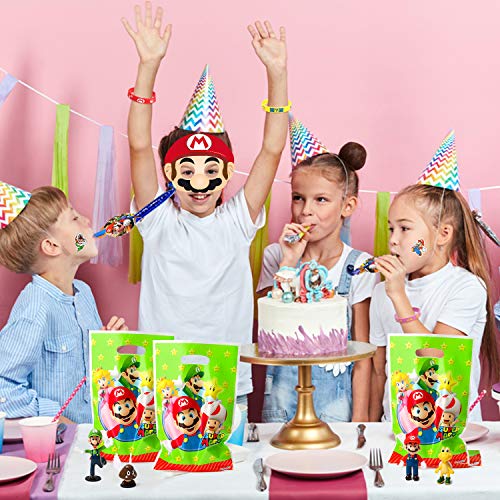 124P Mario Party Favors Kit, Wario Mario Theme Party Supplies Include Mario Masks Wristband Character Mario Stickers Treat Bags Blowouts Good for Play Games For Boys or Girls, Birthday Gifts