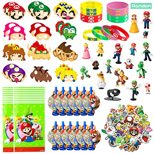 124P Mario Party Favors Kit, Wario Mario Theme Party Supplies Include Mario Masks Wristband Character Mario Stickers Treat Bags Blowouts Good for Play Games For Boys or Girls, Birthday Gifts