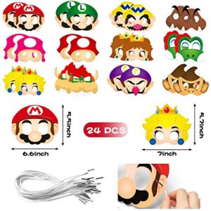 124P Mario Party Favors Kit, Wario Mario Theme Party Supplies Include Mario Masks Wristband Character Mario Stickers Treat Bags Blowouts Good for Play Games For Boys or Girls, Birthday Gifts