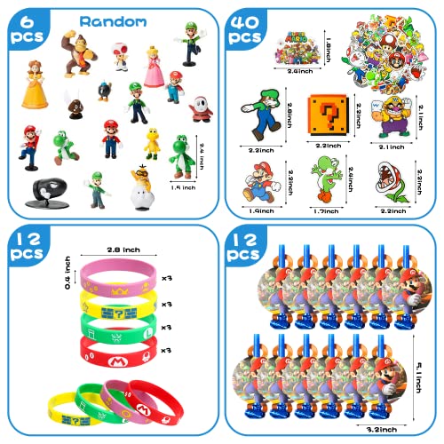 124P Mario Party Favors Kit, Wario Mario Theme Party Supplies Include Mario Masks Wristband Character Mario Stickers Treat Bags Blowouts Good for Play Games For Boys or Girls, Birthday Gifts