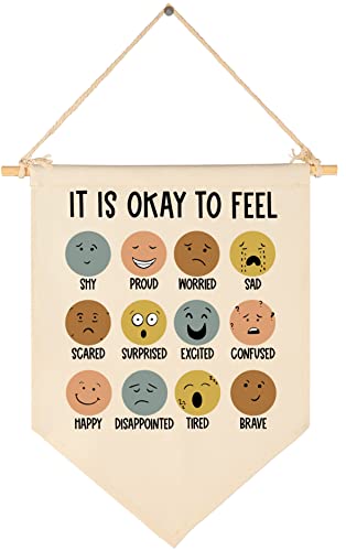 It is Okay to Feel-Mental Health-Canvas Hanging Pennant Flag Banner Wall Sign Decor Gift for Classroom Nursery Bedroom Playroom Game Room Front Door Baby Kids Girl Boy Girl-Birthday Christmas Gift