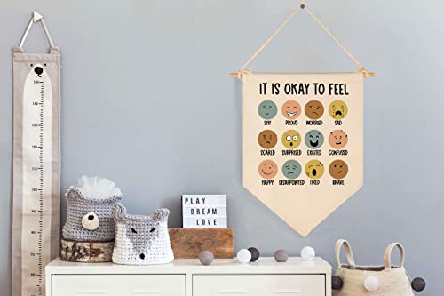 It is Okay to Feel-Mental Health-Canvas Hanging Pennant Flag Banner Wall Sign Decor Gift for Classroom Nursery Bedroom Playroom Game Room Front Door Baby Kids Girl Boy Girl-Birthday Christmas Gift