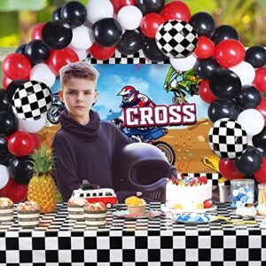 72 Pieces Motorcycle Party Decorations Dirt bike Motocross Backdrop Black And White Checkerboard Tablecloth with Balloons Extreme Motorcycle Theme Decor Set for Boy Girl Birthday Party Supplies