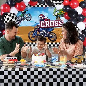 72 Pieces Motorcycle Party Decorations Dirt bike Motocross Backdrop Black And White Checkerboard Tablecloth with Balloons Extreme Motorcycle Theme Decor Set for Boy Girl Birthday Party Supplies