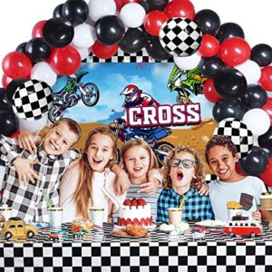 72 Pieces Motorcycle Party Decorations Dirt bike Motocross Backdrop Black And White Checkerboard Tablecloth with Balloons Extreme Motorcycle Theme Decor Set for Boy Girl Birthday Party Supplies