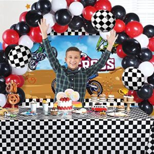 72 Pieces Motorcycle Party Decorations Dirt bike Motocross Backdrop Black And White Checkerboard Tablecloth with Balloons Extreme Motorcycle Theme Decor Set for Boy Girl Birthday Party Supplies