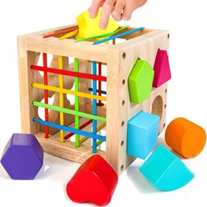 hellowood montessori toys for 1+ year old, wooden sorter cube with 8pcs rattling shapes, developmental learning toy gifts for baby girls boys 6-12-18 months, gift packaging