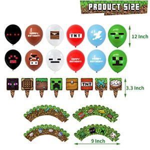 Pixel Style Gamer Birthday Party Supplies for Game Fans, 106 Pcs Miner Theme Birthday Party Decorations for Boys - Banner, Cake and Cupcake Toppers, Cupcake Wrappers, Balloons, Bracelets, Paper Glasses, Hanging Swirls, Invitation Cards.