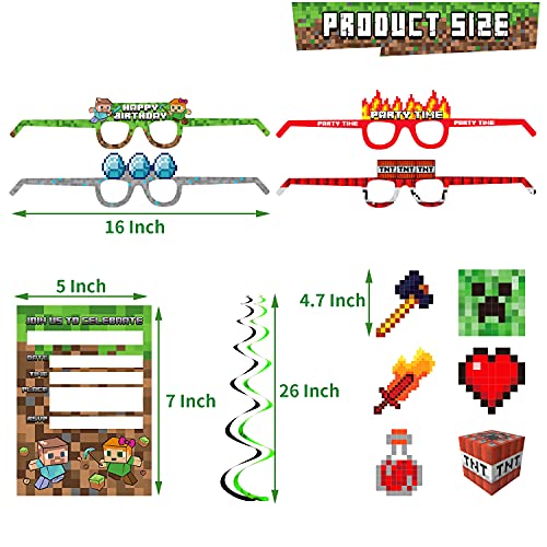 Pixel Style Gamer Birthday Party Supplies for Game Fans, 106 Pcs Miner Theme Birthday Party Decorations for Boys - Banner, Cake and Cupcake Toppers, Cupcake Wrappers, Balloons, Bracelets, Paper Glasses, Hanging Swirls, Invitation Cards.