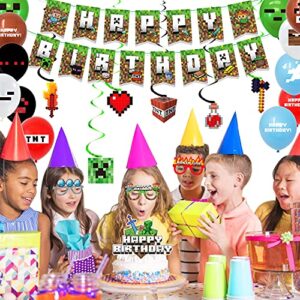 Pixel Style Gamer Birthday Party Supplies for Game Fans, 106 Pcs Miner Theme Birthday Party Decorations for Boys - Banner, Cake and Cupcake Toppers, Cupcake Wrappers, Balloons, Bracelets, Paper Glasses, Hanging Swirls, Invitation Cards.