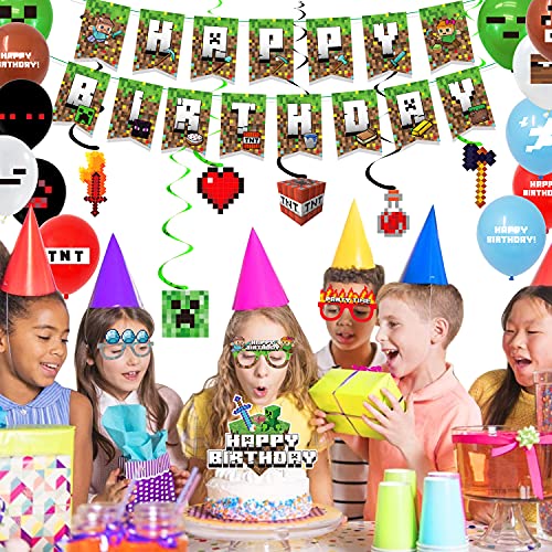 Pixel Style Gamer Birthday Party Supplies for Game Fans, 106 Pcs Miner Theme Birthday Party Decorations for Boys - Banner, Cake and Cupcake Toppers, Cupcake Wrappers, Balloons, Bracelets, Paper Glasses, Hanging Swirls, Invitation Cards.