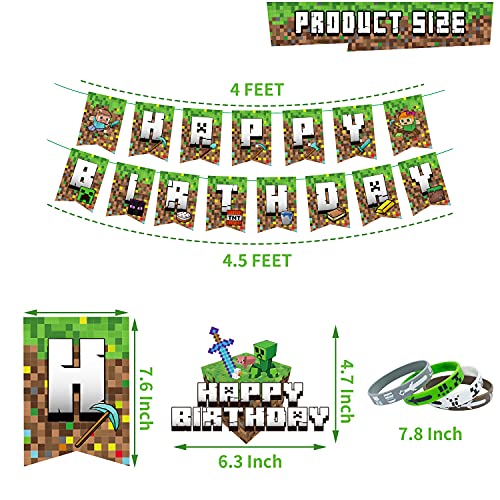 Pixel Style Gamer Birthday Party Supplies for Game Fans, 106 Pcs Miner Theme Birthday Party Decorations for Boys - Banner, Cake and Cupcake Toppers, Cupcake Wrappers, Balloons, Bracelets, Paper Glasses, Hanging Swirls, Invitation Cards.