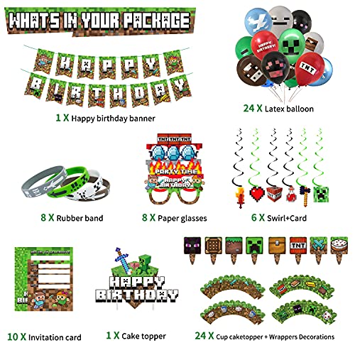 Pixel Style Gamer Birthday Party Supplies for Game Fans, 106 Pcs Miner Theme Birthday Party Decorations for Boys - Banner, Cake and Cupcake Toppers, Cupcake Wrappers, Balloons, Bracelets, Paper Glasses, Hanging Swirls, Invitation Cards.