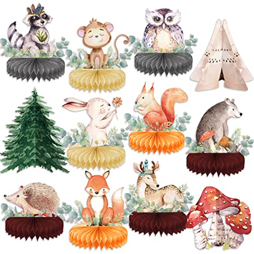 12Pcs Woodland Animals Honeycomb Table Centerpieces for Baby Shower Woodland Creature 3D Table Toppers Decorations for Boy Girl Forest Theme Birthday Camping Party Supplies Wild One Decor