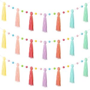 3 pieces colorful rainbow tassel garland pom pom garland boho tassel garland classroom each 50 inch colorful tassel garland banner decorative wall for baby kids shower christmas decor (rainbow colors)