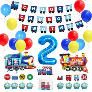 chugga chugga two two party decorations for 2 years old boys, railroad train crossing theme birthday party supplies - chugga chugga two two banner, cake topper, train foil balloons