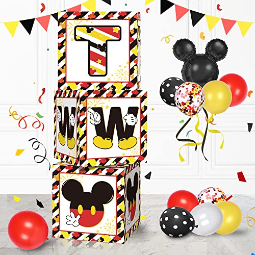 Black Yellow Mouse 2nd Birthday Party Decorations Balloon Boxes, 3Pcs Black Yellow Mouse Cartoon Theme Birthday Balloon Boxes,for Boy Two Years Old Birthday Party Decorations Supplies