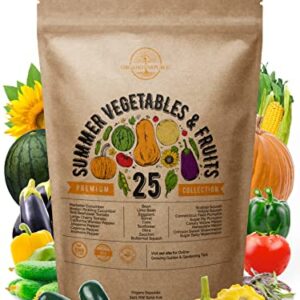 25 Summer Vegetable & Fruit Seeds Variety Pack for Planting Outdoors and Indoor Home Gardening 1500+ Non-GMO Heirloom Veggie & Salad Green Seeds: Collards Tomato Pepper Okra Onion Bean Cucumber & More