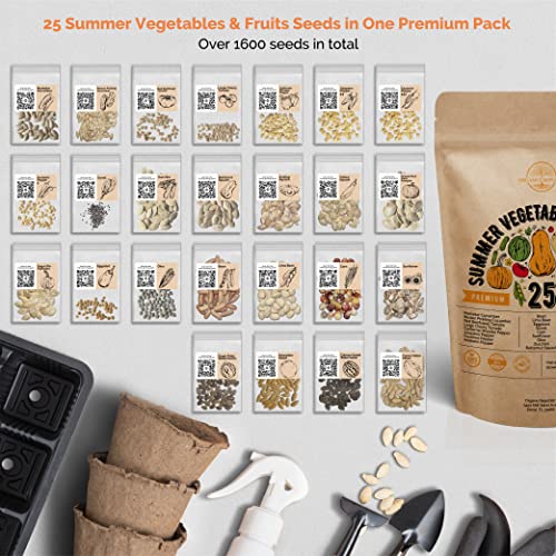 25 Summer Vegetable & Fruit Seeds Variety Pack for Planting Outdoors and Indoor Home Gardening 1500+ Non-GMO Heirloom Veggie & Salad Green Seeds: Collards Tomato Pepper Okra Onion Bean Cucumber & More