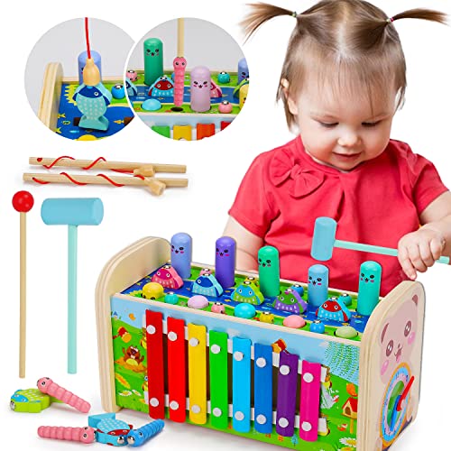 7 in 1 Hammering Pounding Toys Wooden Montessori Educational Fishing Game Xylophone Toy for 1 2 3 Year Old Sensory Developmental Toy Fine Motor Easter Toy Gift Preschool Toddler Activity Age 1-2 2-4