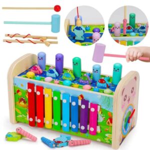 7 in 1 Hammering Pounding Toys Wooden Montessori Educational Fishing Game Xylophone Toy for 1 2 3 Year Old Sensory Developmental Toy Fine Motor Easter Toy Gift Preschool Toddler Activity Age 1-2 2-4