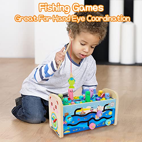 7 in 1 Hammering Pounding Toys Wooden Montessori Educational Fishing Game Xylophone Toy for 1 2 3 Year Old Sensory Developmental Toy Fine Motor Easter Toy Gift Preschool Toddler Activity Age 1-2 2-4