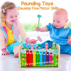 7 in 1 Hammering Pounding Toys Wooden Montessori Educational Fishing Game Xylophone Toy for 1 2 3 Year Old Sensory Developmental Toy Fine Motor Easter Toy Gift Preschool Toddler Activity Age 1-2 2-4