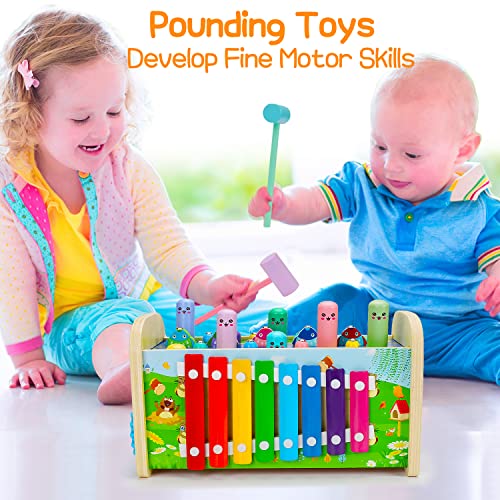 7 in 1 Hammering Pounding Toys Wooden Montessori Educational Fishing Game Xylophone Toy for 1 2 3 Year Old Sensory Developmental Toy Fine Motor Easter Toy Gift Preschool Toddler Activity Age 1-2 2-4