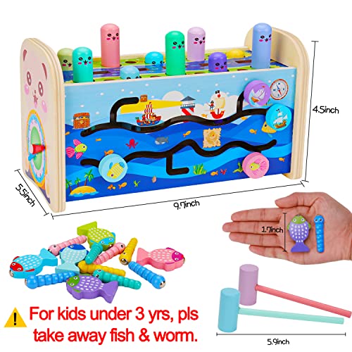 7 in 1 Hammering Pounding Toys Wooden Montessori Educational Fishing Game Xylophone Toy for 1 2 3 Year Old Sensory Developmental Toy Fine Motor Easter Toy Gift Preschool Toddler Activity Age 1-2 2-4