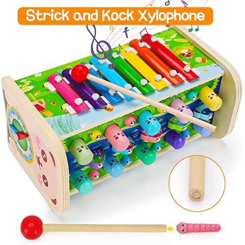 7 in 1 Hammering Pounding Toys Wooden Montessori Educational Fishing Game Xylophone Toy for 1 2 3 Year Old Sensory Developmental Toy Fine Motor Easter Toy Gift Preschool Toddler Activity Age 1-2 2-4