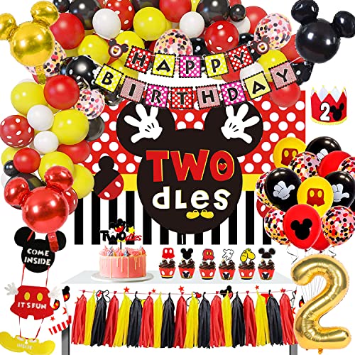 PYCALOW Mickey 2nd Birthday Party Supplies Decorations Include Oh Twodles Backdrop, Banner, Balloons Graland Arch, Welcome Hanger, Tablecloth, Hat, Topper, Tassels, Mickey Theme Mouse Party Supplies