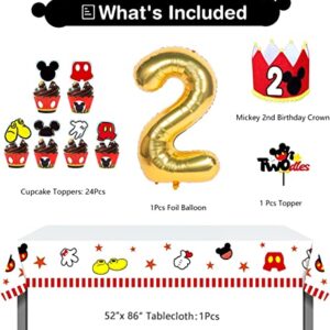 PYCALOW Mickey 2nd Birthday Party Supplies Decorations Include Oh Twodles Backdrop, Banner, Balloons Graland Arch, Welcome Hanger, Tablecloth, Hat, Topper, Tassels, Mickey Theme Mouse Party Supplies