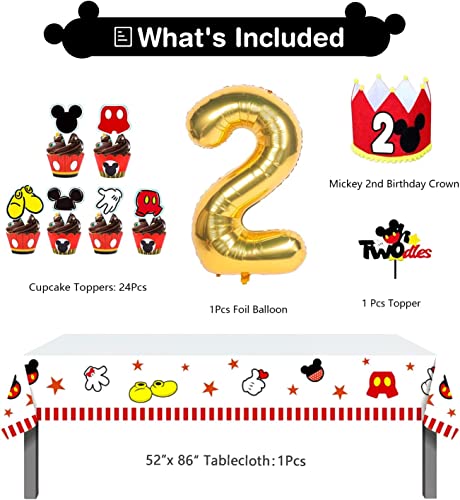 PYCALOW Mickey 2nd Birthday Party Supplies Decorations Include Oh Twodles Backdrop, Banner, Balloons Graland Arch, Welcome Hanger, Tablecloth, Hat, Topper, Tassels, Mickey Theme Mouse Party Supplies