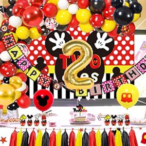 PYCALOW Mickey 2nd Birthday Party Supplies Decorations Include Oh Twodles Backdrop, Banner, Balloons Graland Arch, Welcome Hanger, Tablecloth, Hat, Topper, Tassels, Mickey Theme Mouse Party Supplies