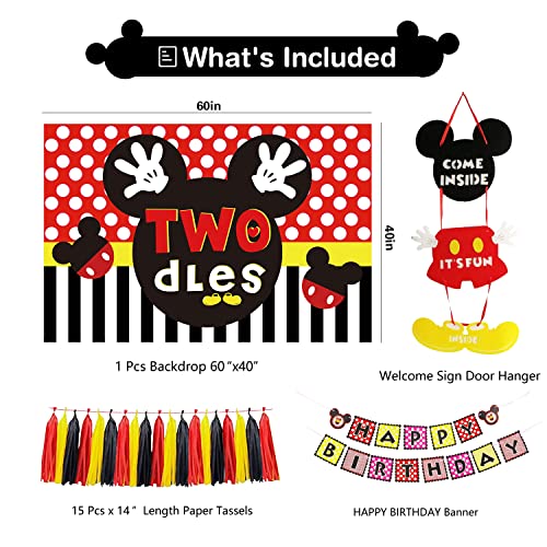 PYCALOW Mickey 2nd Birthday Party Supplies Decorations Include Oh Twodles Backdrop, Banner, Balloons Graland Arch, Welcome Hanger, Tablecloth, Hat, Topper, Tassels, Mickey Theme Mouse Party Supplies