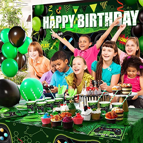 152 Pieces Video Game Birthday Party Supplies Gamer Party Table Cover Happy Birthday Gaming Backdrop Banner Video Game Theme Tableware Sets and Gaming Balloons for Boys Men Birthday Party Decor