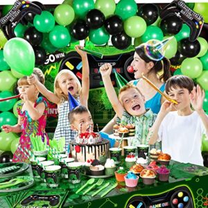 152 Pieces Video Game Birthday Party Supplies Gamer Party Table Cover Happy Birthday Gaming Backdrop Banner Video Game Theme Tableware Sets and Gaming Balloons for Boys Men Birthday Party Decor