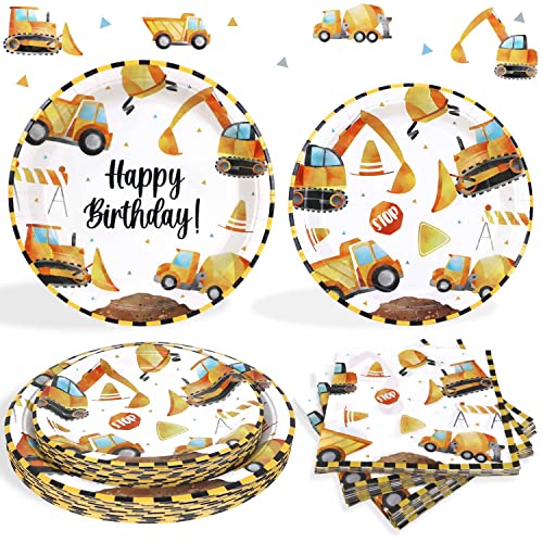 Heboland Construction Birthday Party Supplies Plates and Napkins Set for 25 Guests, Construction Theme Party Decorations for Boys Kids