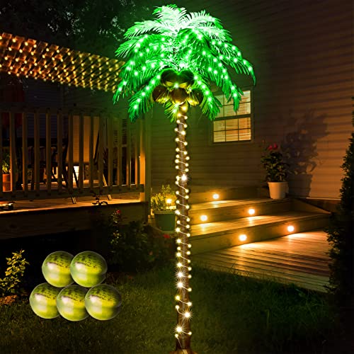 Lighted Palm Trees, 7FT 187 LED Artificial Palm Tree with 5 Coconuts, Light Up Tropical Palm Trees for Indoor, Outdoor, Garden, Patio, Christmas Party, Pool, Beach Decor