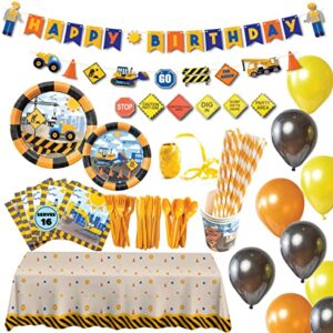 PREMIUM (16 SERVES) CONSTRUCTION BIRTHDAY SET - Construction Birthday Party Supplies, All in One Truck Construction Party Supplies- Plate, Cups, Spoons, Fork, Napkins. Construction Birthday Decorations for Boys