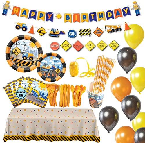 PREMIUM (16 SERVES) CONSTRUCTION BIRTHDAY SET - Construction Birthday Party Supplies, All in One Truck Construction Party Supplies- Plate, Cups, Spoons, Fork, Napkins. Construction Birthday Decorations for Boys