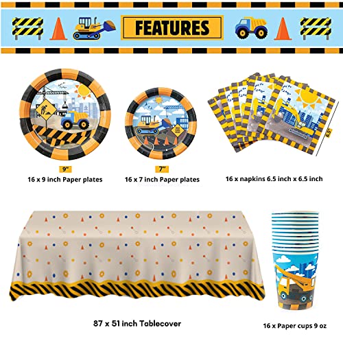 PREMIUM (16 SERVES) CONSTRUCTION BIRTHDAY SET - Construction Birthday Party Supplies, All in One Truck Construction Party Supplies- Plate, Cups, Spoons, Fork, Napkins. Construction Birthday Decorations for Boys