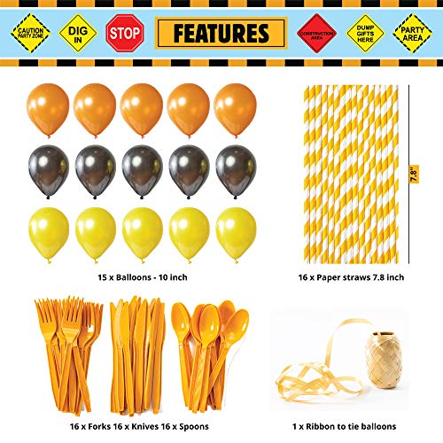 PREMIUM (16 SERVES) CONSTRUCTION BIRTHDAY SET - Construction Birthday Party Supplies, All in One Truck Construction Party Supplies- Plate, Cups, Spoons, Fork, Napkins. Construction Birthday Decorations for Boys