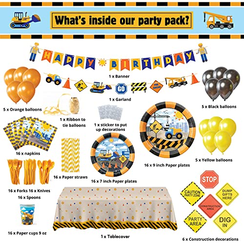 PREMIUM (16 SERVES) CONSTRUCTION BIRTHDAY SET - Construction Birthday Party Supplies, All in One Truck Construction Party Supplies- Plate, Cups, Spoons, Fork, Napkins. Construction Birthday Decorations for Boys