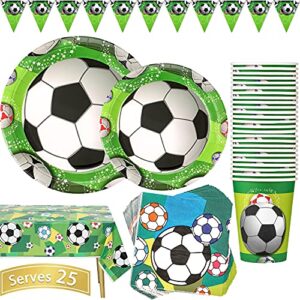 duocute soccer party supplies 102pcs sports themed children birthday paper dinnerware set includes 9" plates, 7" plates, cups, napkins, tablecloth and banner, serves 25