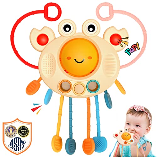 Vrbort Montessori Sensory Toys for Babies, Silicone Pull String for Toddlers 18 Months+, 1-3 Years Old Baby Travel and Teething Toys, Gift for Kids Crab Shape